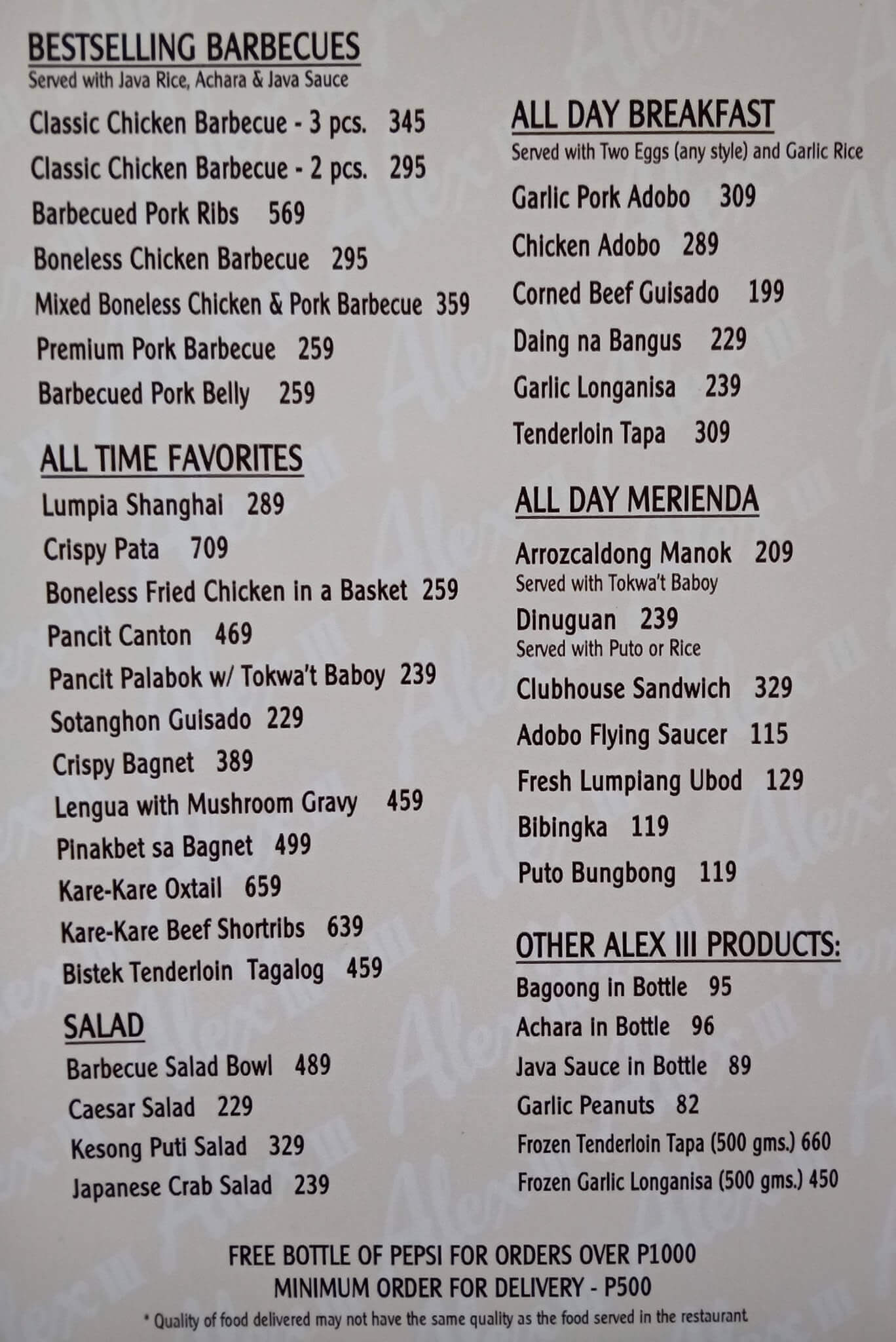 Alex the III Menu Philippines (2025) — Philippine Menus